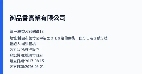 御品香實業有限公司的照片-統編 69696813(桃園市) 公司登記資料與營業項目詳細圖表