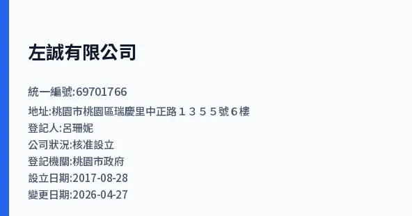 左誠有限公司的照片-統編 69701766(桃園市) 公司登記資料與營業項目詳細圖表