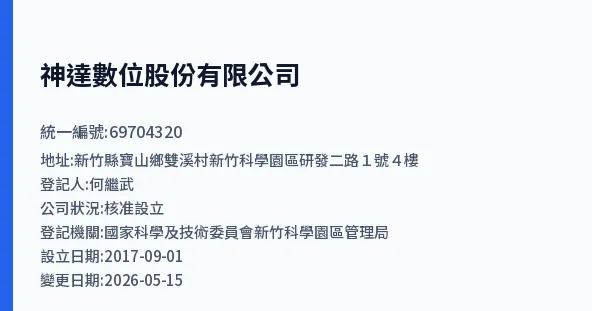 神達數位股份有限公司的照片-統編 69704320(新竹縣) 公司登記資料與營業項目詳細圖表