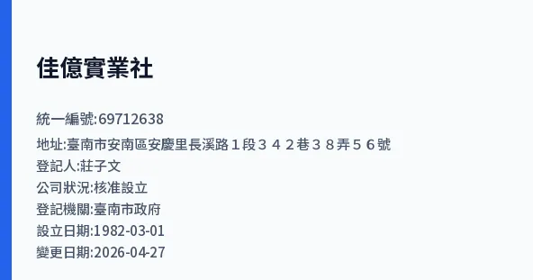 佳億實業社的照片-統編 69712638(臺南市) 公司登記資料與營業項目詳細圖表