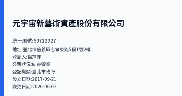 元宇宙新藝術資產股份有限公司的照片-統編 69712927(臺北市) 公司登記資料與營業項目詳細圖表