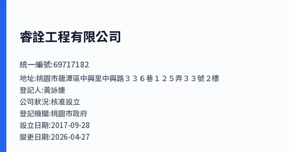 睿詮工程有限公司的照片-統編 69717182(桃園市) 公司登記資料與營業項目詳細圖表