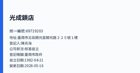 光成鎖店的照片-統編 69719203(臺南市) 公司登記資料與營業項目詳細圖表