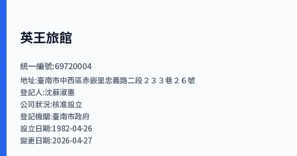 英王旅館的照片-統編 69720004(臺南市) 公司登記資料與營業項目詳細圖表