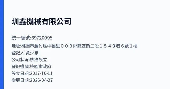 圳鑫機械有限公司的照片-統編 69720095(桃園市) 公司登記資料與營業項目詳細圖表