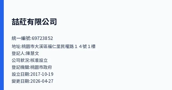 喆葒有限公司的照片-統編 69723852(桃園市) 公司登記資料與營業項目詳細圖表