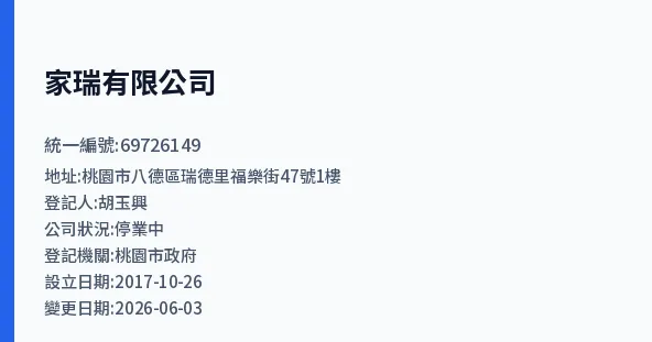 家瑞有限公司的照片-統編 69726149(桃園市) 公司登記資料與營業項目詳細圖表