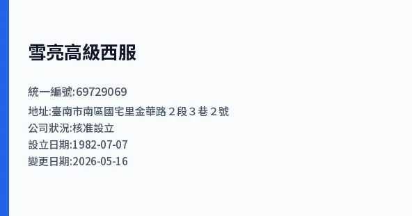 雪亮高級西服的照片-統編 69729069(臺南市) 公司登記資料與營業項目詳細圖表