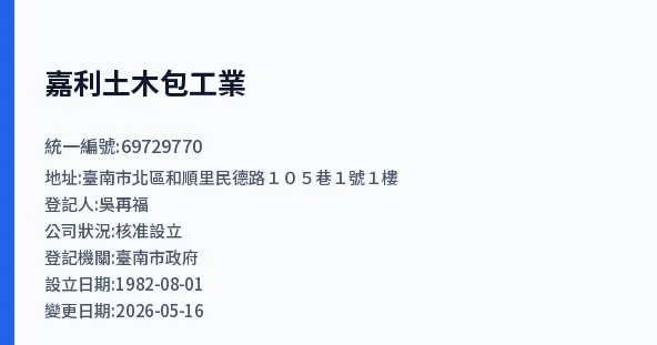 嘉利土木包工業的照片-統編 69729770(臺南市) 公司登記資料與營業項目詳細圖表