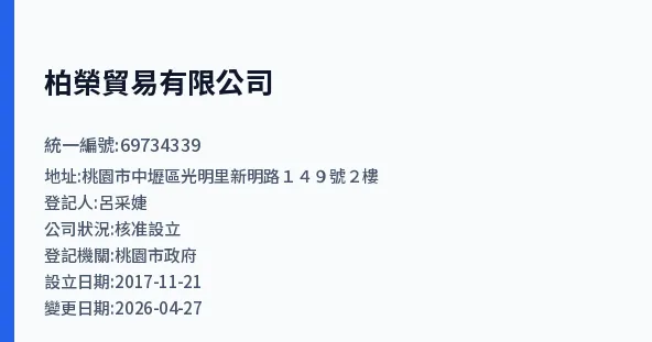 柏榮貿易有限公司的照片-統編 69734339(桃園市) 公司登記資料與營業項目詳細圖表
