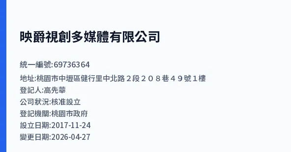 映爵視創多媒體有限公司的照片-統編 69736364(桃園市) 公司登記資料與營業項目詳細圖表