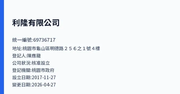 利隆有限公司的照片-統編 69736717(桃園市) 公司登記資料與營業項目詳細圖表