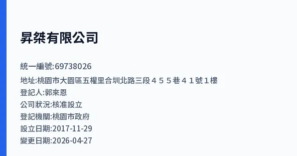 昇桀有限公司的照片-統編 69738026(桃園市) 公司登記資料與營業項目詳細圖表