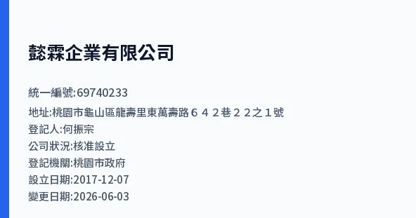 懿霖企業有限公司的照片-統編 69740233(桃園市) 公司登記資料與營業項目詳細圖表