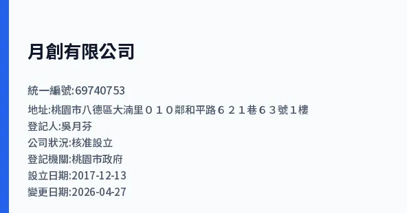 月創有限公司的照片-統編 69740753(桃園市) 公司登記資料與營業項目詳細圖表
