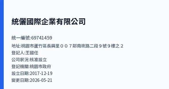 統儷國際企業有限公司的照片-統編 69741459(桃園市) 公司登記資料與營業項目詳細圖表
