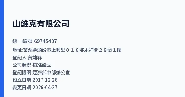 山維克有限公司的照片-統編 69745407(苗栗縣) 公司登記資料與營業項目詳細圖表