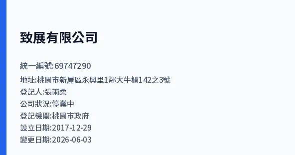 致展有限公司的照片-統編 69747290(桃園市) 公司登記資料與營業項目詳細圖表
