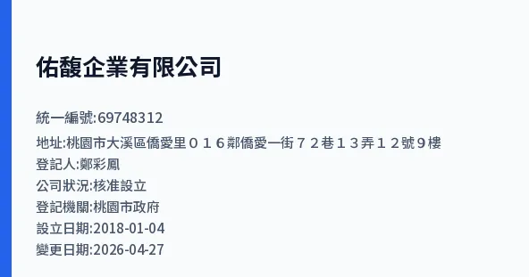 佑馥企業有限公司的照片-統編 69748312(桃園市) 公司登記資料與營業項目詳細圖表