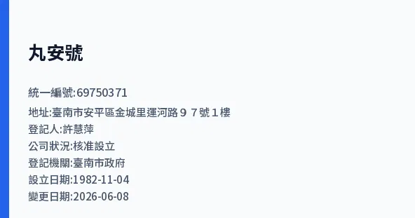 丸安號的照片-統編 69750371(臺南市) 公司登記資料與營業項目詳細圖表
