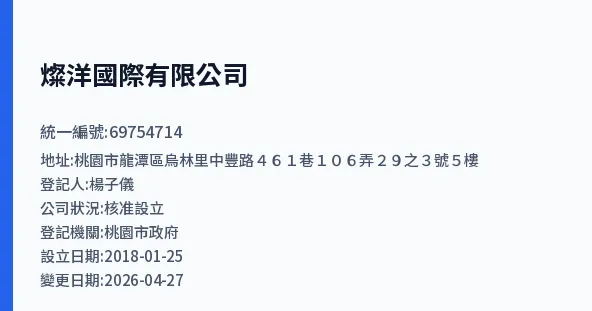 燦洋國際有限公司的照片-統編 69754714(桃園市) 公司登記資料與營業項目詳細圖表
