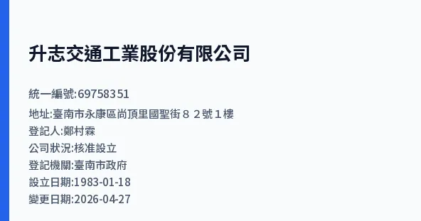升志交通工業股份有限公司的照片-統編 69758351(臺南市) 公司登記資料與營業項目詳細圖表