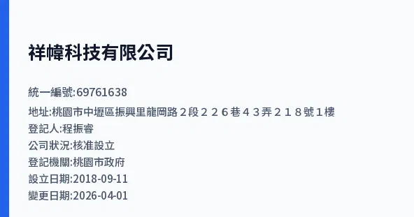 祥幃科技有限公司的照片-統編 69761638(桃園市) 公司登記資料與營業項目詳細圖表