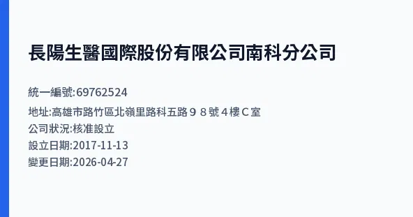 長陽生醫國際股份有限公司南科分公司的照片-統編 69762524(高雄市) 公司登記資料與營業項目詳細圖表