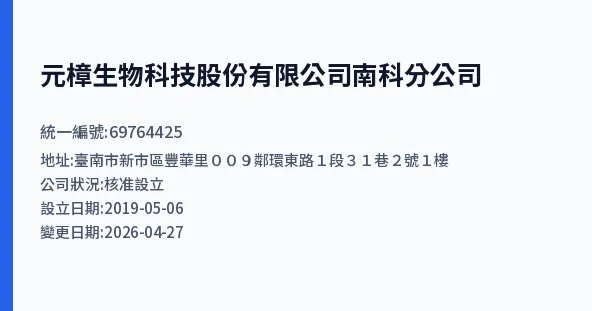 元樟生物科技股份有限公司南科分公司的照片-統編 69764425(臺南市) 公司登記資料與營業項目詳細圖表