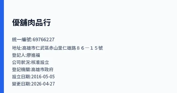 優舖肉品行的照片-統編 69766227(高雄市) 公司登記資料與營業項目詳細圖表