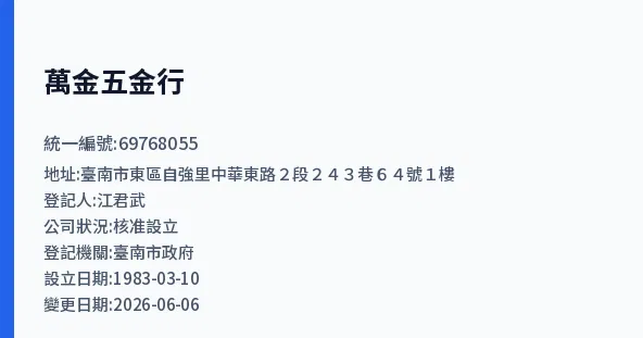 萬金五金行的照片-統編 69768055(臺南市) 公司登記資料與營業項目詳細圖表