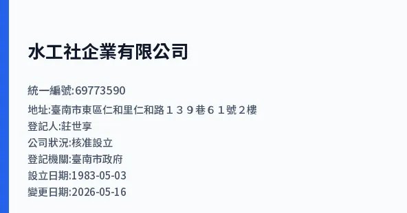 水工社企業有限公司的照片-統編 69773590(臺南市) 公司登記資料與營業項目詳細圖表