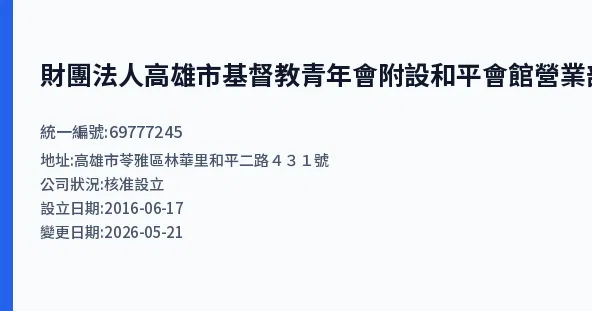 財團法人高雄市基督教青年會附設和平會館營業部的照片-統編 69777245(高雄市) 公司登記資料與營業項目詳細圖表