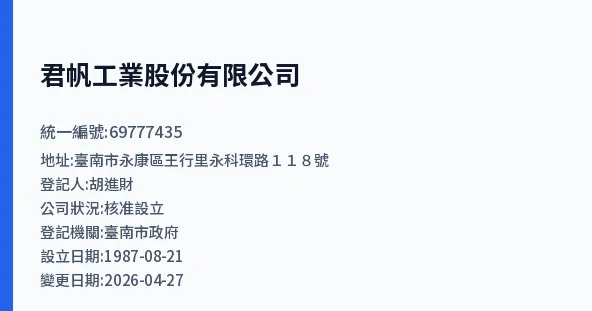 君帆工業股份有限公司的照片-統編 69777435(臺南市) 公司登記資料與營業項目詳細圖表