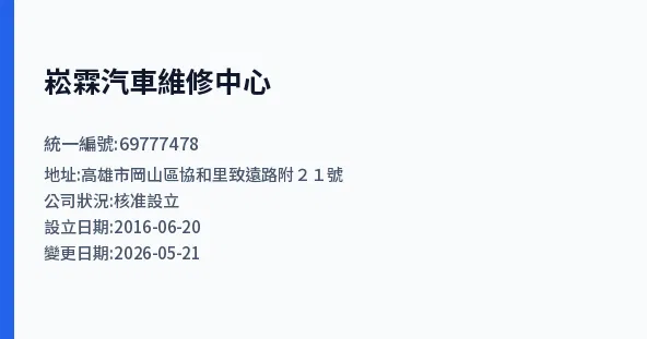 崧霖汽車維修中心的照片-統編 69777478(高雄市) 公司登記資料與營業項目詳細圖表