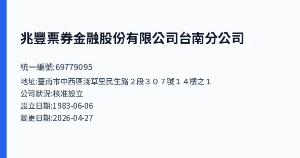 兆豐票券金融股份有限公司台南分公司的照片-統編 69779095(臺南市) 公司登記資料與營業項目詳細圖表