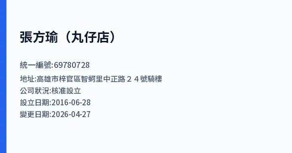 張方瑜(丸仔店)的照片-統編 69780728(高雄市) 公司登記資料與營業項目詳細圖表