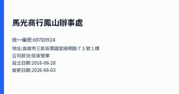 馬光商行鳳山辦事處的照片-統編 69780924(高雄市) 公司登記資料與營業項目詳細圖表