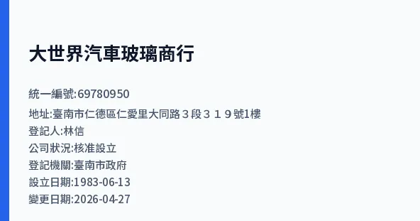 大世界汽車玻璃商行的照片-統編 69780950(臺南市) 公司登記資料與營業項目詳細圖表