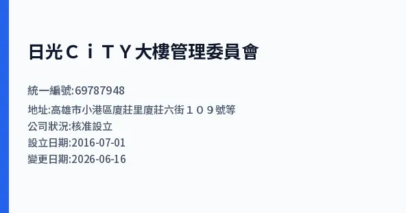 日光CiTY大樓管理委員會的照片-統編 69787948 公司登記資料與營業項目詳細圖表