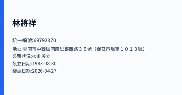 林將祥的照片-統編 69792870(臺南市) 公司登記資料與營業項目詳細圖表