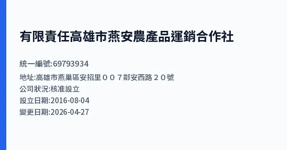 有限責任高雄市燕安農產品運銷合作社的照片-統編 69793934(高雄市) 公司登記資料與營業項目詳細圖表