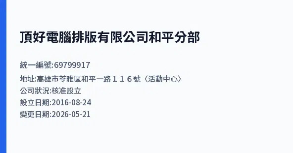 頂好電腦排版有限公司和平分部的照片-統編 69799917(高雄市) 公司登記資料與營業項目詳細圖表