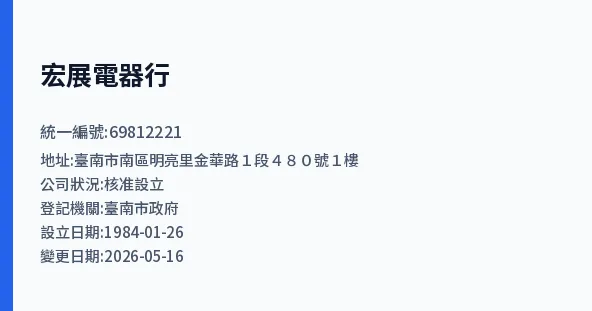 宏展電器行的照片-統編 69812221(臺南市) 公司登記資料與營業項目詳細圖表