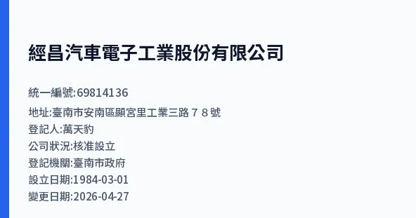 經昌汽車電子工業股份有限公司的照片-統編 69814136(臺南市) 公司登記資料與營業項目詳細圖表