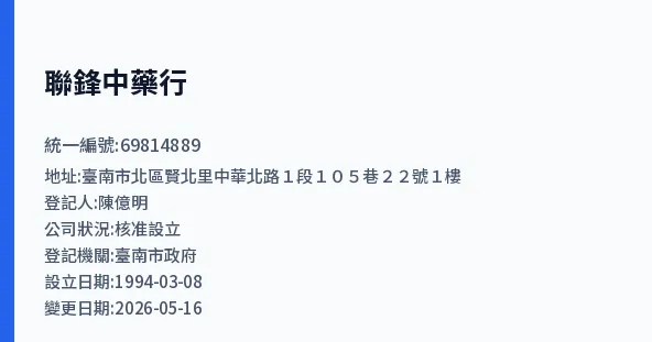 聯鋒中藥行的照片-統編 69814889(臺南市) 公司登記資料與營業項目詳細圖表