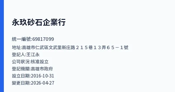 永玖砂石企業行的照片-統編 69817099(高雄市) 公司登記資料與營業項目詳細圖表