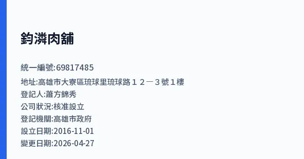 鈞潾肉舖的照片-統編 69817485(高雄市) 公司登記資料與營業項目詳細圖表
