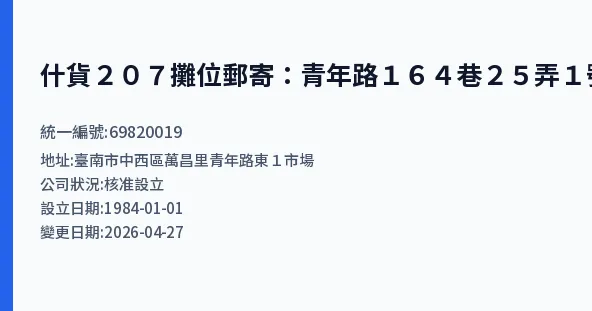 什貨207攤位郵寄:青年路164巷25弄1號的照片-統編 69820019(臺南市) 公司登記資料與營業項目詳細圖表