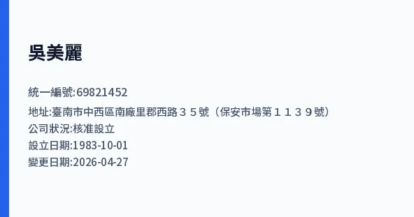 吳美麗的照片-統編 69821452(臺南市) 公司登記資料與營業項目詳細圖表